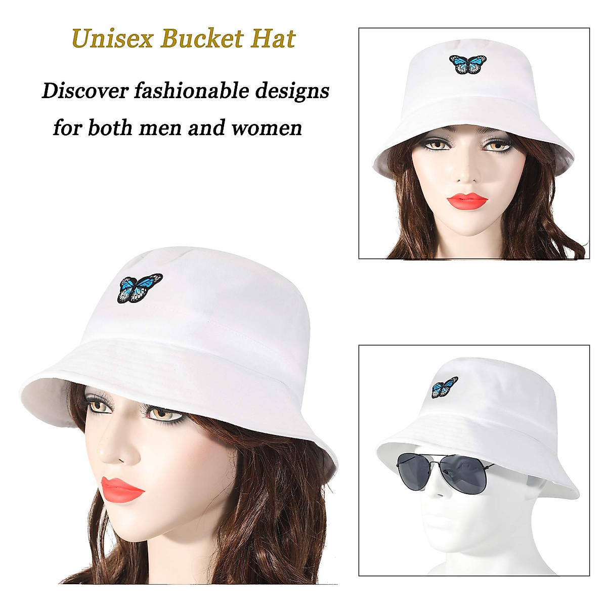 ZLYC Unisex Fashion Embroidered Bucket Hat Summer Fisherman Cap for Men Women Teens (Butterfly Pure White)
