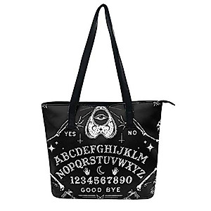NiYoung Stylish Tote Bag for Women PU Leather Tote Handbags Lightweight Large Capacity Shoulder Bags Travel Business Shopping School Casual Bag with Zipper, Vintage Skeleton Magic Ouija Board Black