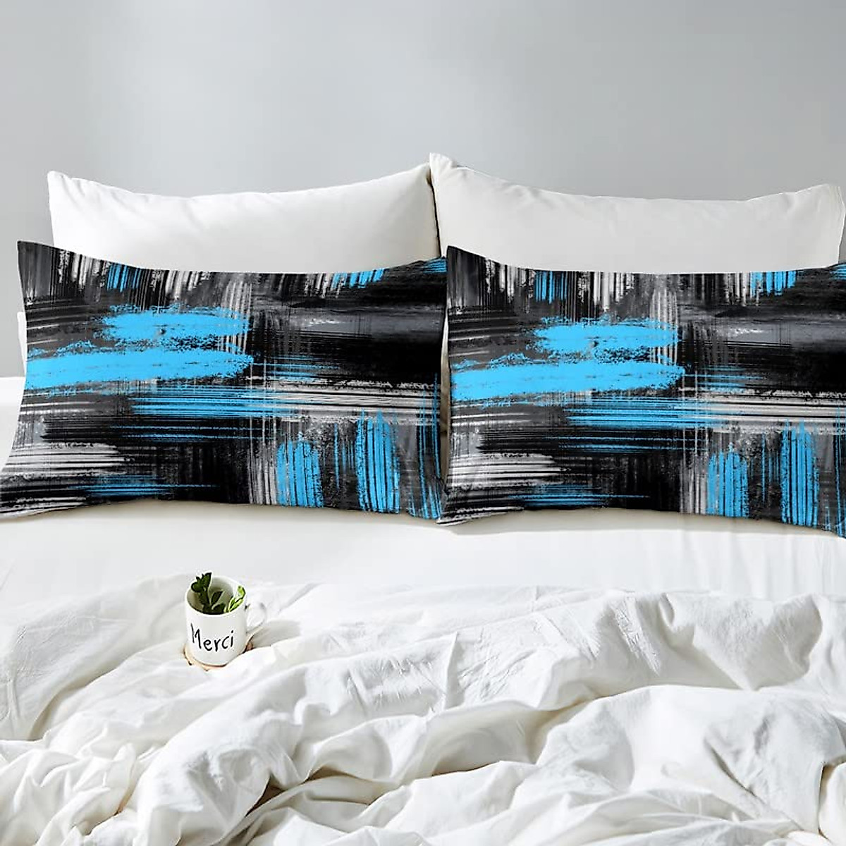 Feelyou Blue Black and Grey Comforter Cover Geometric Artistic Smear Bedding Set Abstract Graffiti Art Duvet Cover Contemporary Modern Brush Design Room Decor Bedclothes Twin Size (No Comforter)