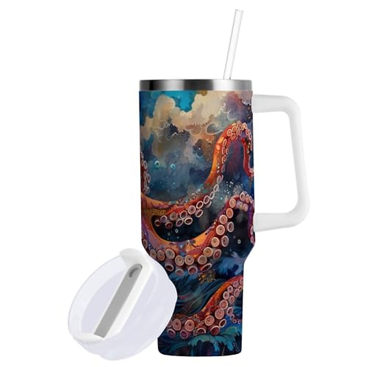 Blueangle 40 oz Red Octopus Tumbler with Handle and Straw Lid, Insulated Cup Reusable Stainless Steel Water Bottle Travel Mug