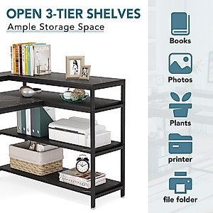 Tribesigns 53 Inch Reversible L Shaped Desk with Storage Shelf, Modern Black Marble Corner Desk with Shelves and Monitor Stand, Gaming Desk for Home Office （53" D x 41" W）