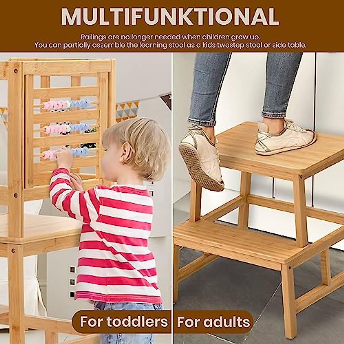 Cosyland Kids Kitchen Step Stool with Safety Rail -Toddler Kitchen Stool Helper Montessori Kids Learning Stool,Baby Standing Tower for Counter, Multi-Function with Abacus and whiteboard