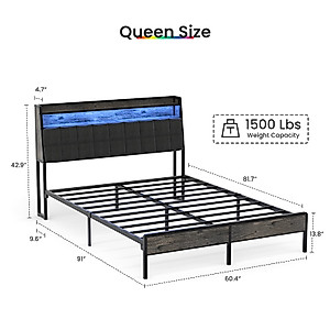 Flexpedic Queen Size Bedframe, Ergonomic Headboard with Multi-Space Storage, Platform Bed Frame Full Size with Charging Station and Adjustable RGB LED Lights, Strong Weight Capacity, Easy Assembly