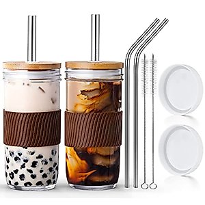 IPOW 24OZ Glass Cups with Lids and Metal Straws 2 Pack, Iced Coffee Cups with Bamboo Lids, Cute Boba Cup with Non-slip Sleeve, Clear Drinking Glasses for Bubble Tea, Smoothies, Juices, Sauces