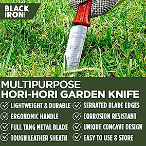 Black Iron Hori Hori Garden Knife [7 Inches, Japanese Stainless Steel] Durable Gardening Tool for Weeding, Digging, Cutting & Planting with Leather Sheath and Sharpening Stone