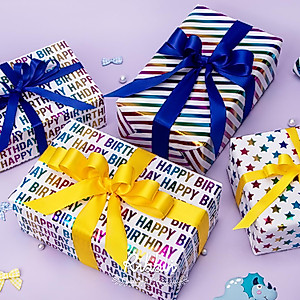 Ribbli Birthday Wrapping Paper 30 Inch Iridescent Gift Wrapping Paper 4 Rolls Happy Birthday Polka Dots Stripes Stars Printed Assortment -120 inch(10feet) Per Roll