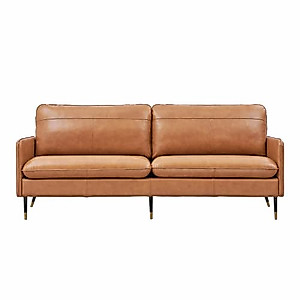 Z-hom 79" Genuine Leather Sofa, Top-Grain 3 Seater Leather Couch, Mid-Century Modern Upholstered Sofa for Living Room Bedroom Apartment Office, Cognac Tan