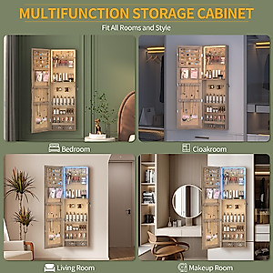 LVSOMT LED Jewelry Mirror Cabinet 47.2", Wall/Door Jewelry Armoire Organizer, Full-Length Mirror with Jewelry Storage, Over The Door Hanging Mirror, 2 Drawers, Lockable, Wood