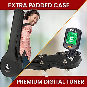 Pyle Banjo Kit with Remo Head and Sapele Resonator, 39" Full Size Traditional Open or Closed Back 5 String Instrument with 24 Brackets, Geared 5th Tuner, Premium Accessory Kit (Red Burst)