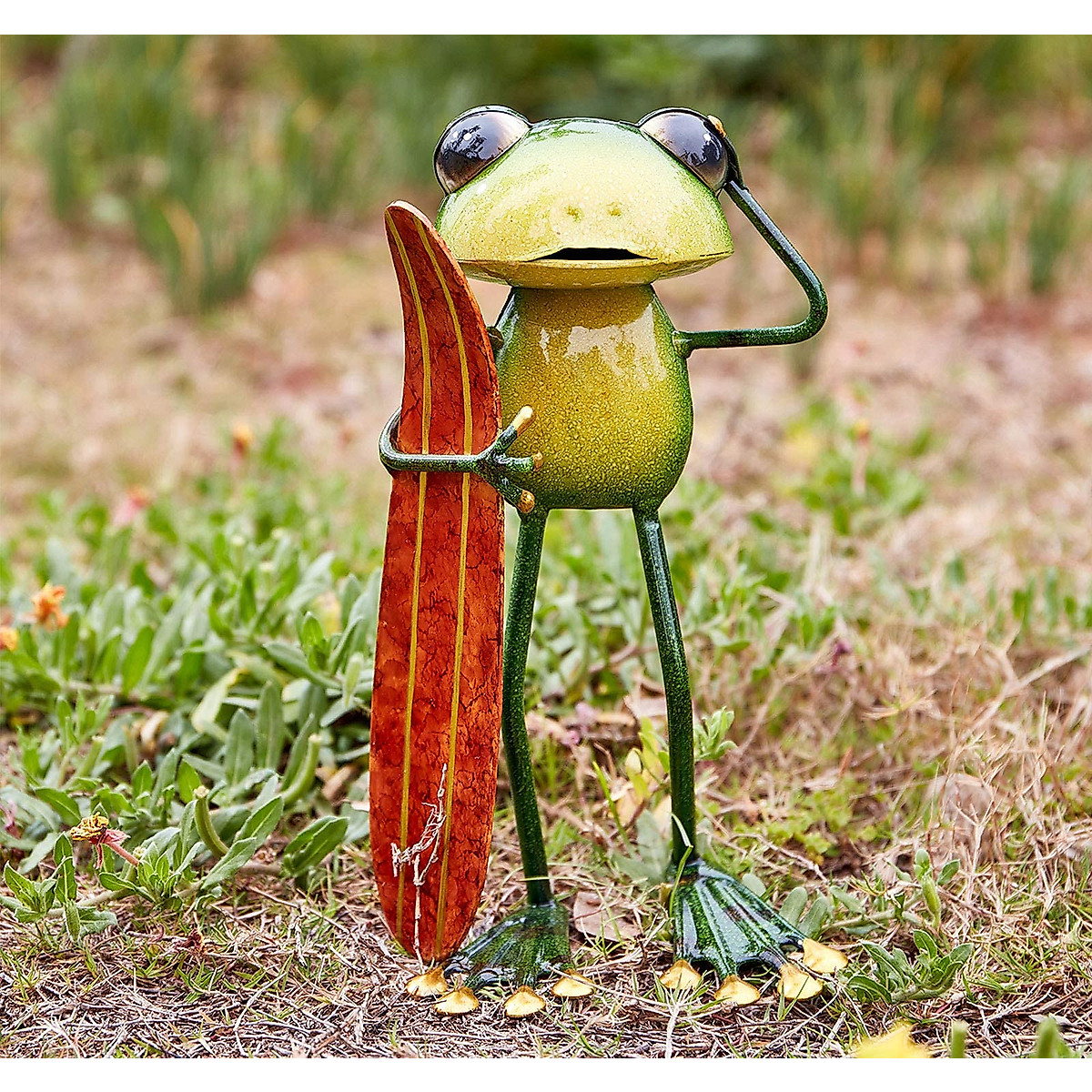 Aayla 9.5" H Frog Statue - Unique Adorable Green Surfing Frog Figurine Gift Home Kitchen Garden Decor for Frog Lovers