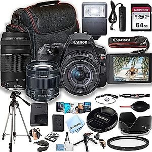 Canon EOS Rebel SL3 DSLR Camera w/EF-S 18-55mm F/4-5.6 STM Zoom Lens + 75-300mm F/4-5.6 III Lens + 64GB Memory, Case, Tripod, Flash, Remote, and More (34pc Bundle)