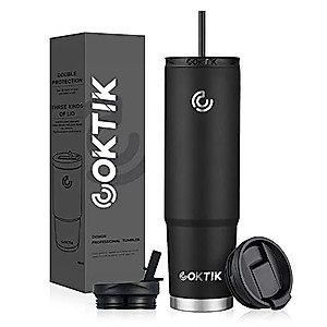 COKTIK 40 oz Insulated Tumbler with Straw, 3 Lids (Straw/Flip), Vacuum Insulated Travel Mug Stainless Steel Tumbler(1Pack,Black)