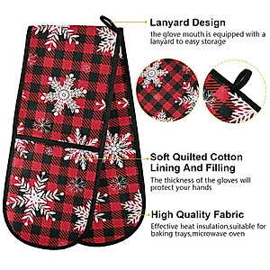 Christmas Double Oven Mitt Christmas Snowflake Checkered Plaid Heat Resistant Cooking Gloves for BBQ Cooking Baking Grilling Microwave Kitchen