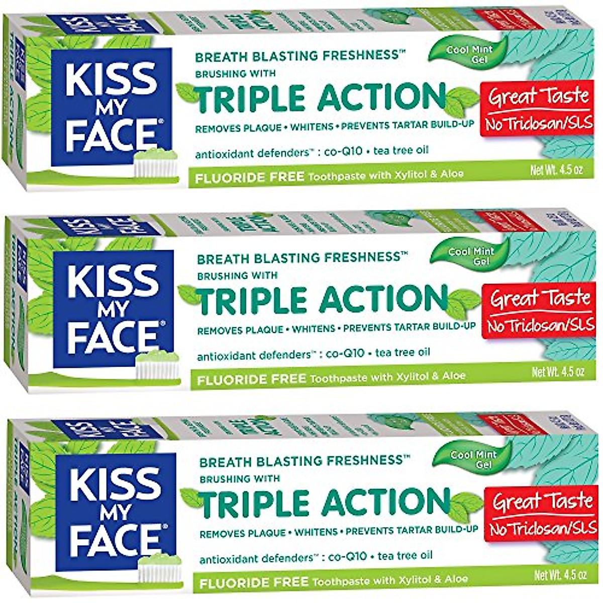 Kiss My Face Triple Action Gel Fluoride Free Toothpaste, 4.5 Ounce (Pack of 3)