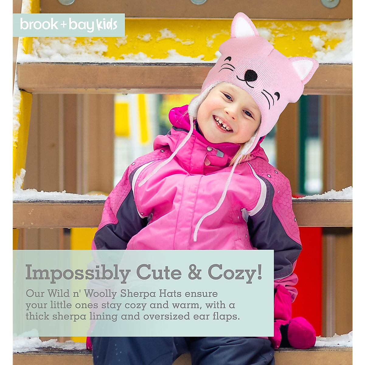 Brook + Bay - Sherpa Baby Animal Hats for Winter, Toddler Animal Ear Hat, Baby Hat Animal Ears, Baby Winter Hat for Boys & Girls - Pink Cat