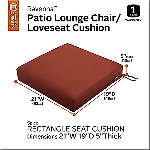 Classic Accessories Ravenna Water-Resistant 21 x 19 x 5 Inch Outdoor Seat Cushion, Durable Patio Furniture Cushion with Straps,Spice, Patio Loveseat Cushion