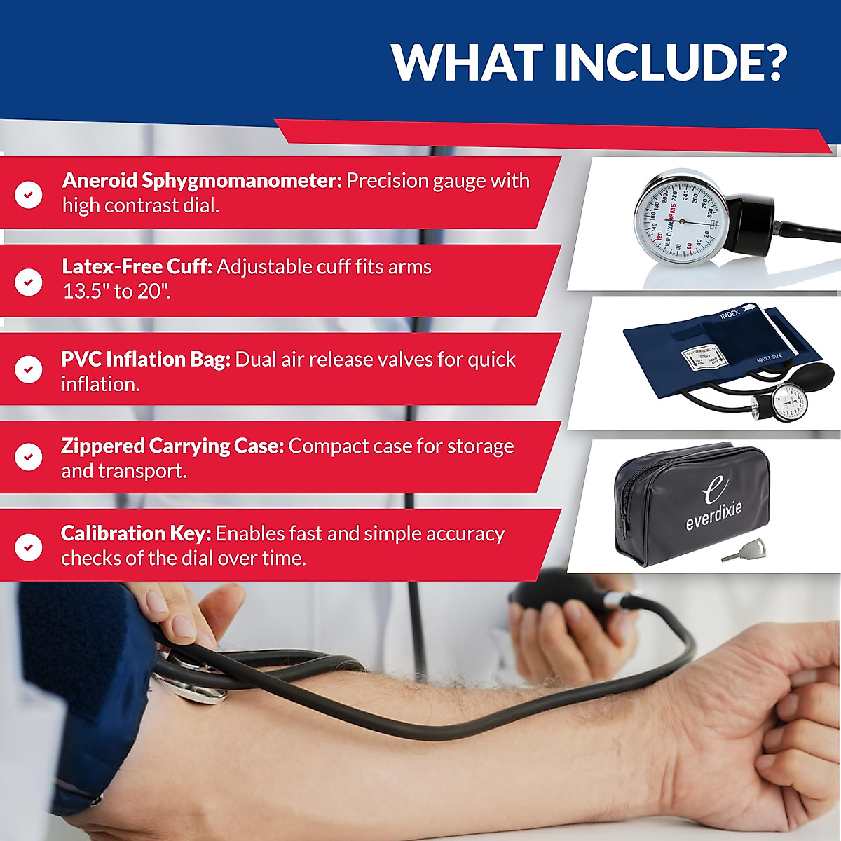Dixie EMS Aneroid Sphygmomanometer, Manual Blood Pressure Monitor with Cuff, Carrying Case and Calibration Key - Size (13.5” – 20”)