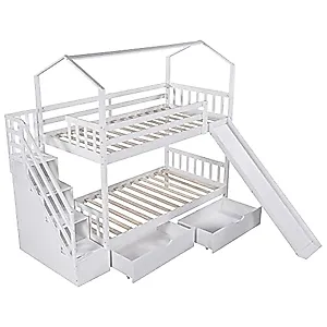 ERDAYE Soild Wood Twin Over Twin House Bunk Bed Frame with Two Drawers, Slide and Storage Staircase,White