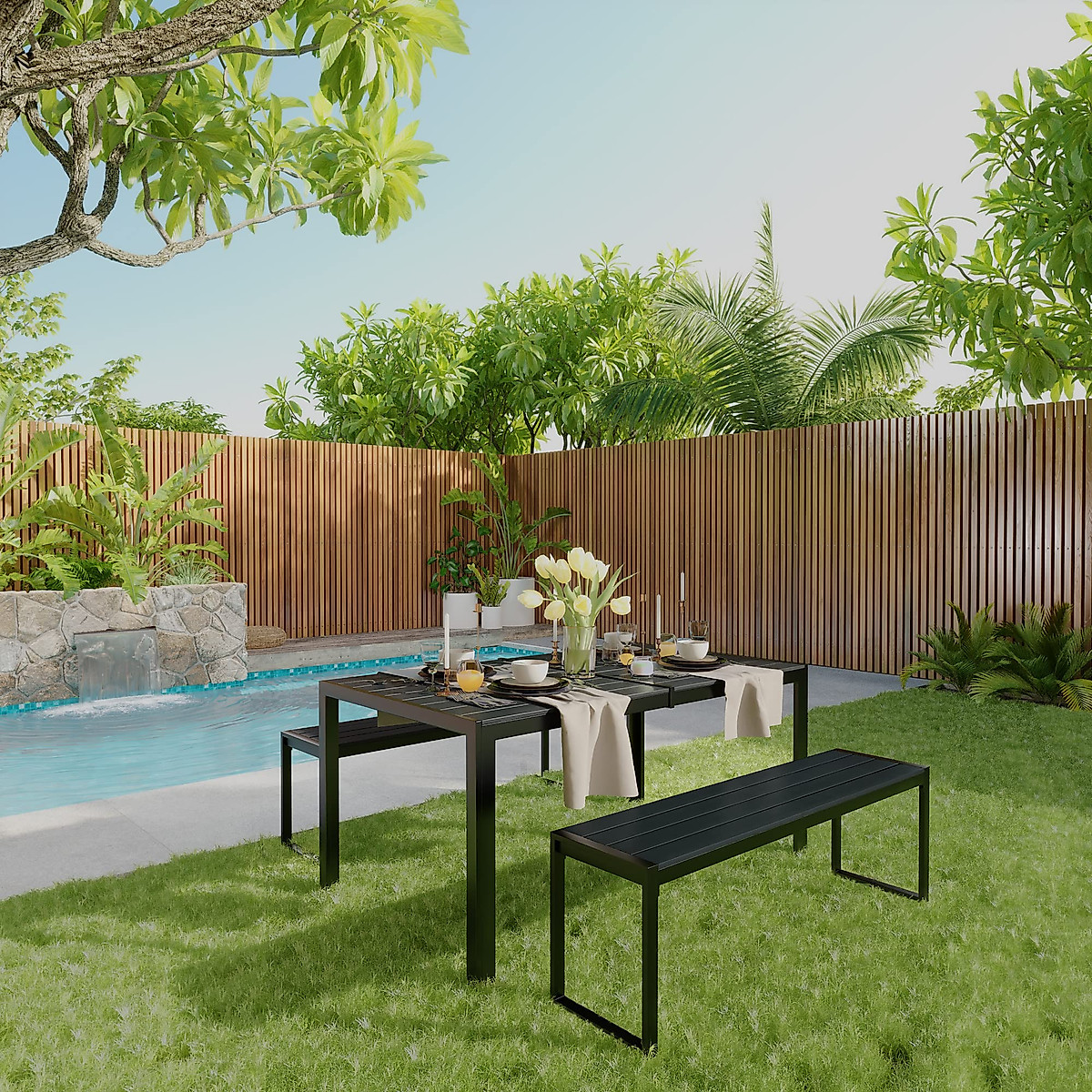 VICLLAX 3-Person Outdoor Bench 53" Long Garden Bench Metal Frame Backless Porch Patio Bench, Black