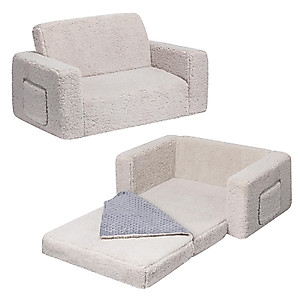 ALIMORDEN Fold Out Toddler Couch, Extra Wide Comfy 2-in-1 Cuddly Sherpa Sofa for Kids, with Removable Baby Friendly Blanket, Convertible Sofa to Bed, Light Grey