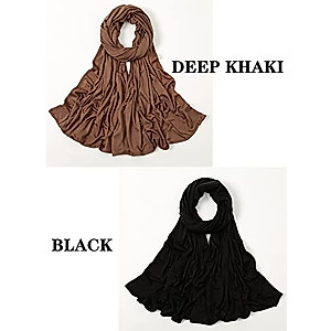 ENSTILER 2PCS Solid Color Jersey Hijab Lightweight Soft Muslim Head Scarf Long Scarf Wrap Scarves for Women (Black, Deep khaki)