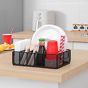 Remittur Paper Plate Dispenser with Handle, Metal Paper Plate Holders for Kitchen Counter, Utensil Holder Organizer with 6 Compartments, Silverware Holder Caddy for Cup Fork Spoon Napkin Party Camping