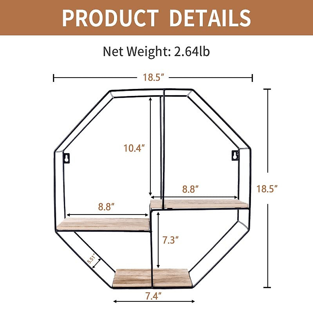 SPDELP Octagon Floating Shelf Wall Mounted Hanging Shelves, Wood Wall Storage