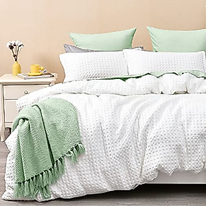 PHF 100% Cotton Waffle Duvet Cover Queen, Ultra Soft Cozy Duvet Cover Set for All Season, Comfy Skin-Friendly Luxury Decorative Textured Comforter Cover with Pillow Shams, 90"x90", White