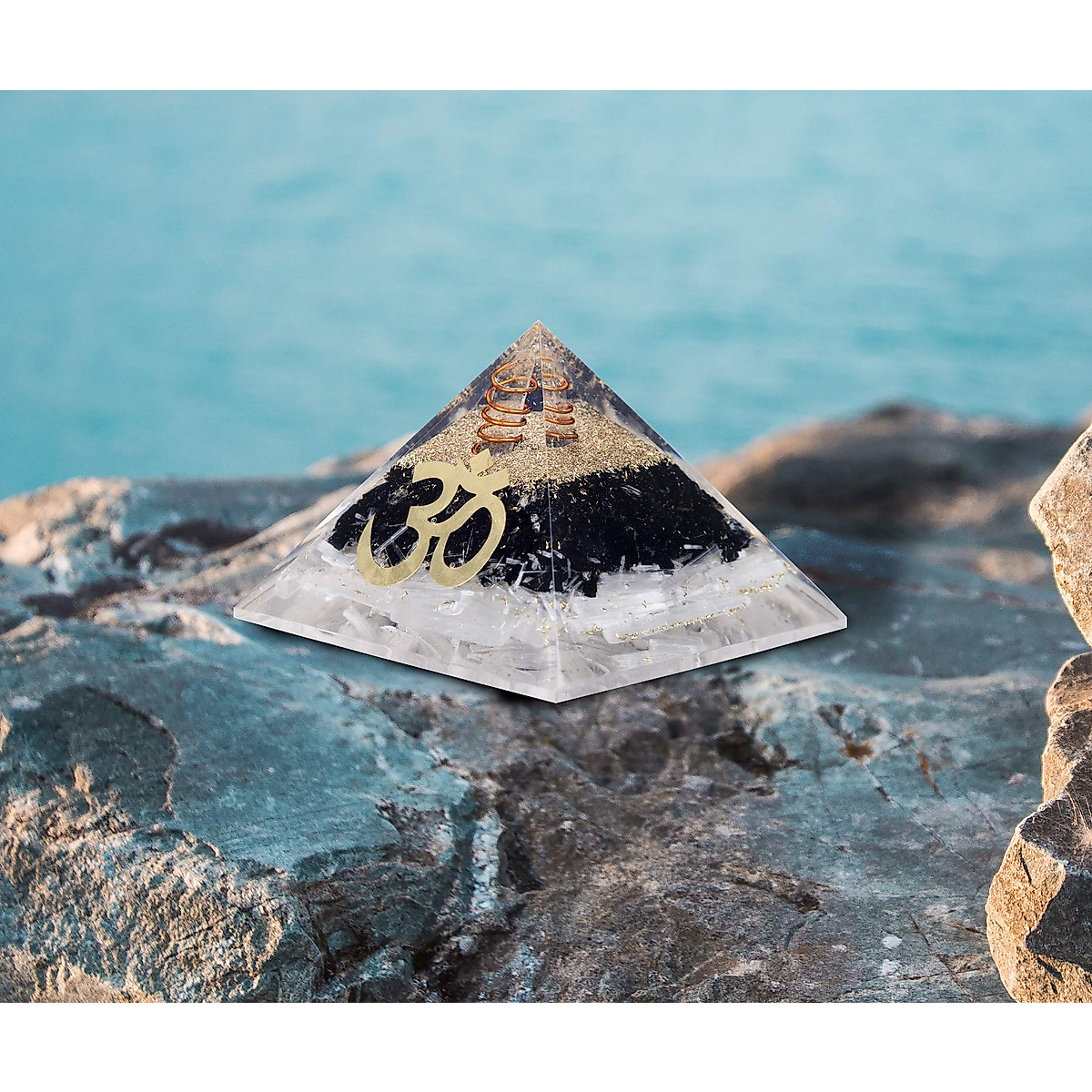 Orgone Pyramid Crystal -Orgonite Crystals -Black Tourmaline & Selenite-for Protection & Positive Energy-Crystal Pyramid for- Chakra Healing Meditation &Crystal Gifts-Orgonite Pyramid