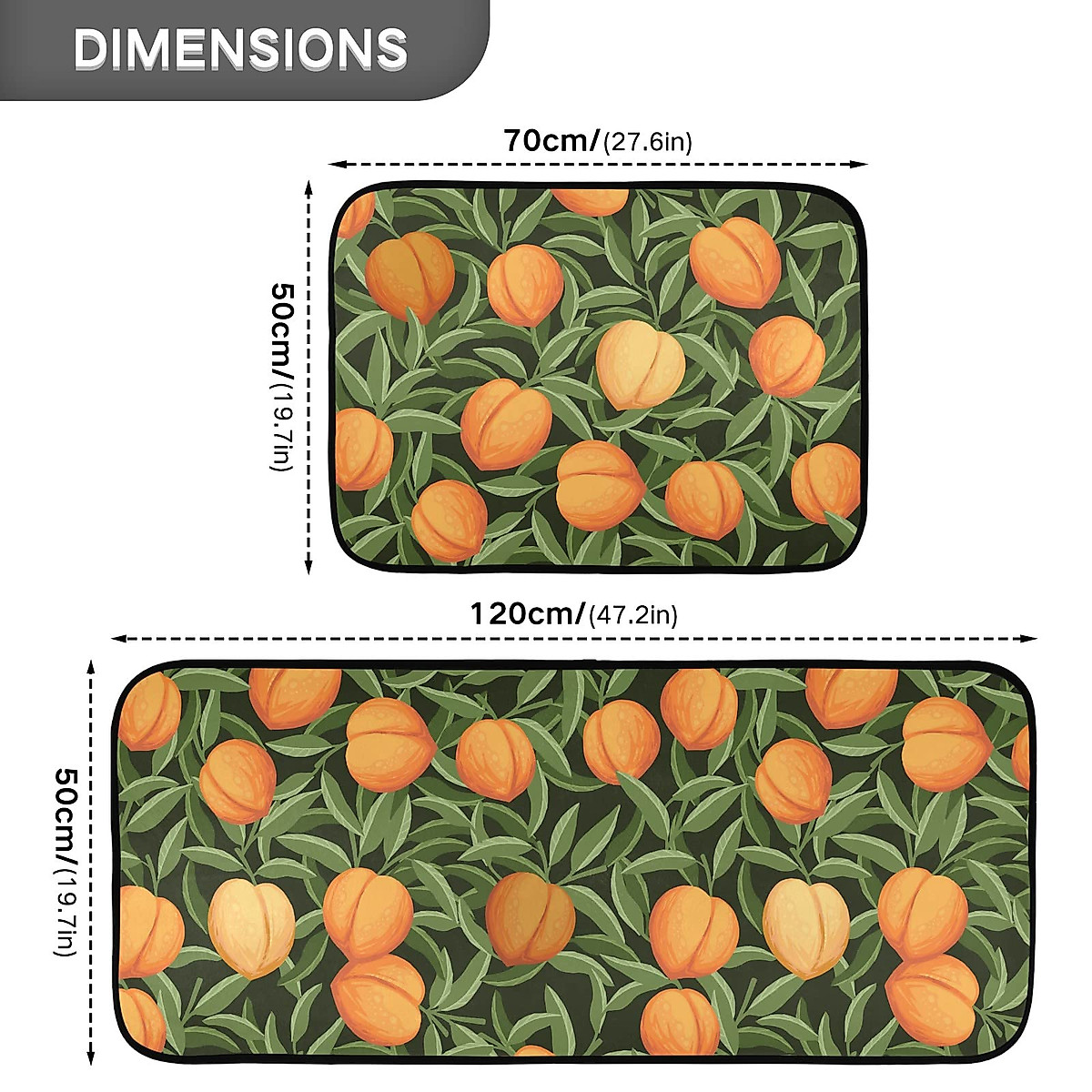 ALAZA Peaches Green Leaves Kitchen Rug Set, 2 Piece Set, Non-Slip Floor Mat for Living Room Bedroom Dorm Home Decor, 19.7 x 27.6 Inch + 19.7 x 47.2 Inch