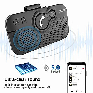 SUNITEC Handsfree Bluetooth Car kit for Cell Phone, Wireless Bluetooth Speaker for car, AUTO Power ON Support Siri Google Voice Assistant Hands Free Car Phone Speakerphone with Visor Clip-BC980SA