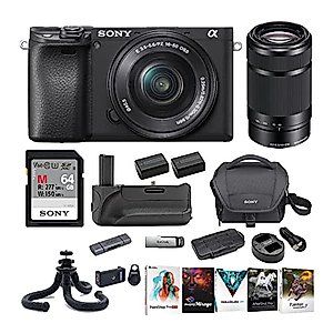 Sony Alpha a6400 Mirrorless Digital Camera with 16-50mm Lens (Black) Bundle with E-Mount Lens (Black), 64GB Memory Card, 32GB Flash Drive, Battery Grip, Rechargeable Battery and Charger (11 Items)