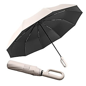 Extra Large Windproof Travel Folding Compact Golf 54‘’ Umbrella Automatic Open/Close,Lightweight Portable Parasol Outdoor,Sun/Rain,99 UV Protection,Perfect Carabiner Handle Design(Off-White)