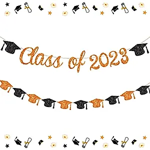 Class of 2023 Banner Orange 2023 Graduation Decorations Orange and Black Bachelor Cap Garland for Congrats Grad Party Supplies Graduation Theme Party Decor