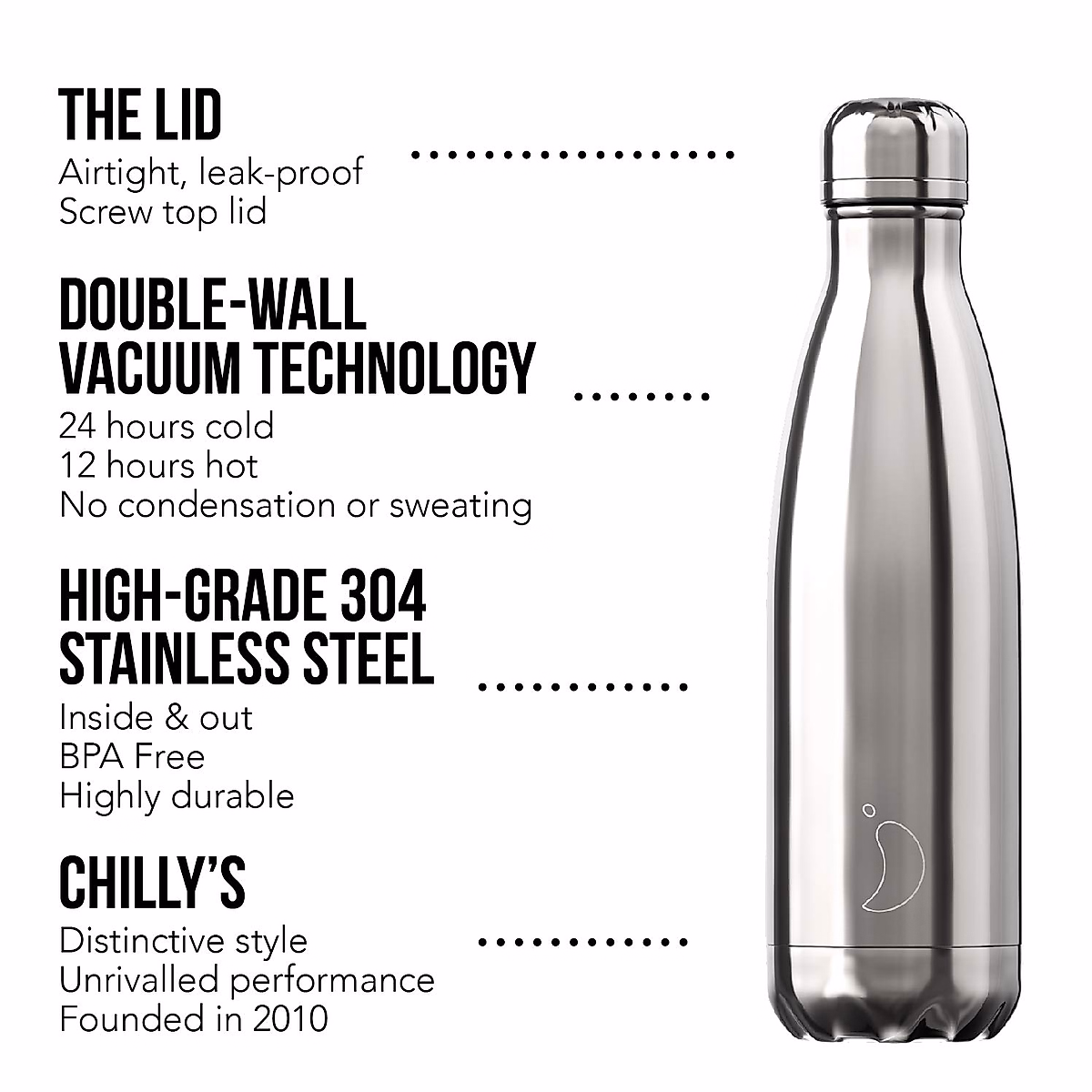 Chilly's Water Bottle | Stainless Steel and Reusable | Leak Proof, Sweat Free | Stainless Steel | 750ml