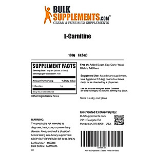 BulkSupplements.com L-Carnitine Powder (Base) - Amino Acids Supplement for Muscle Recovery & Endurance - Gluten Free - 1000mg (1g) per Serving, 100 Servings (100 Grams - 3.5 oz)