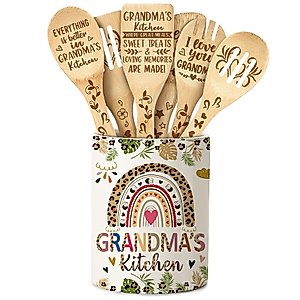 Rabbitable Gifts for Grandma, Ceramic Utensil Holder for Cooking with Wooden Spoons Mothers Day Gifts for Grandma, Grandma Mothers Day Gift Cooking Tools Kitchen Utensils Set with Wooden Spoons for 6