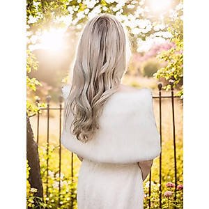 DJBM Women's Faux Fur Shawl Wraps Cloak Coat Sweater Cape for Evening Party Ivory/Brown