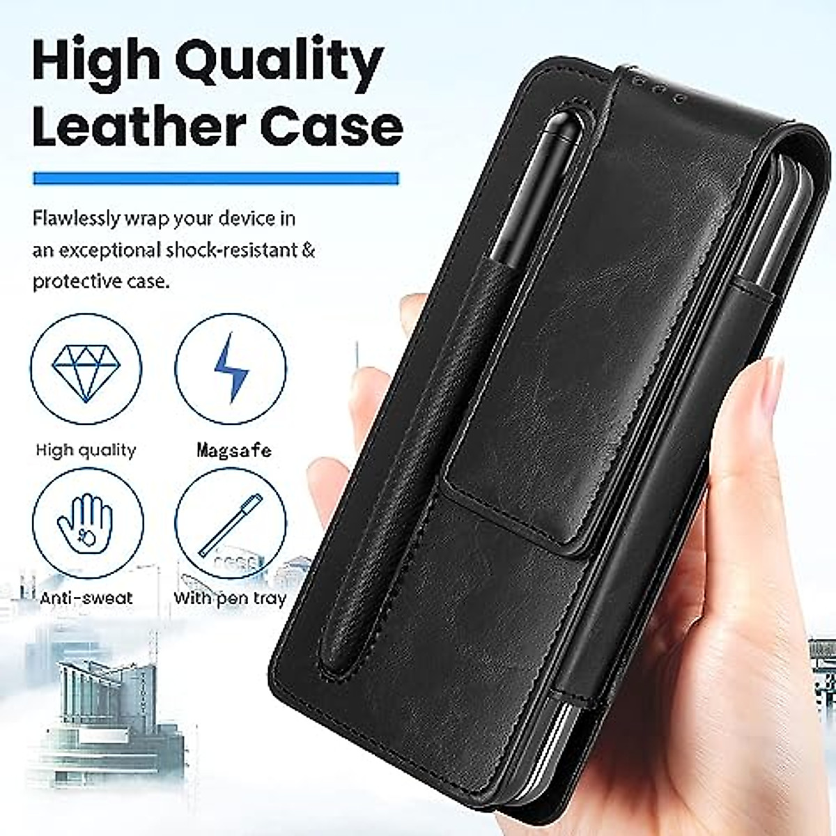 HAZARA Leather Case for Samsung Galaxy Z Fold 5, Tempered Screen Film Cover Folio Shockproof Hanging Phone Case,Blue