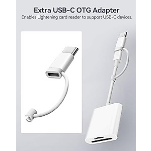 SD Card Reader for iPhone iPad, Dual Connector Memory SD Card Adapter, Support SD/MicroSD Cards, High-Speed Digital Trail Camera to iPhone Viewer, Plug and Play - White