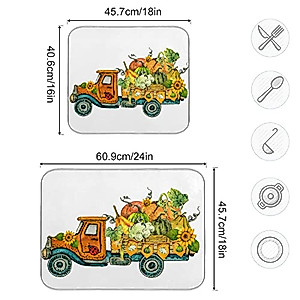 Absorbent Dish Drying Mat for Kitchen Counter - Thanksgiving Pumpkin Sunflower Truck Microfiber Drying Pad, Reversible Drainer Mats for Countertop, Large 18" x 24"