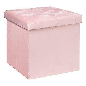 B FSOBEIIALEO Storage Ottoman Cube, Velvet Tufted Folding Ottomans with Lid, Footstool Rest Padded Seat for Bedroom (Pink, Medium)