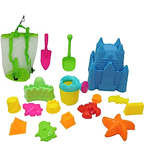 4E's Novelty Beach Toys for Kids with Bag (17 Pcs Set) Castle Beach Bucket with Shovels & Molds - Beach Toys for Kids 3-10, Sand Toys for Toddlers with Mesh Beach Bag Backpack