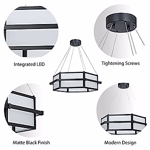 Vivio Lighting LED Hexagon Chandelier Matte Black Light Fixture Entry Way Frosted Glass Ceiling Light Farmhouse Dining Room Bedroom 45W 4000K