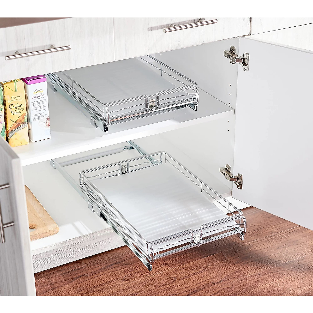 FILTREN Set of 2 Large Pull Out Organizer, Expanding Sliding Cabinet Drawer with Black Liners 30x20x4 in.
