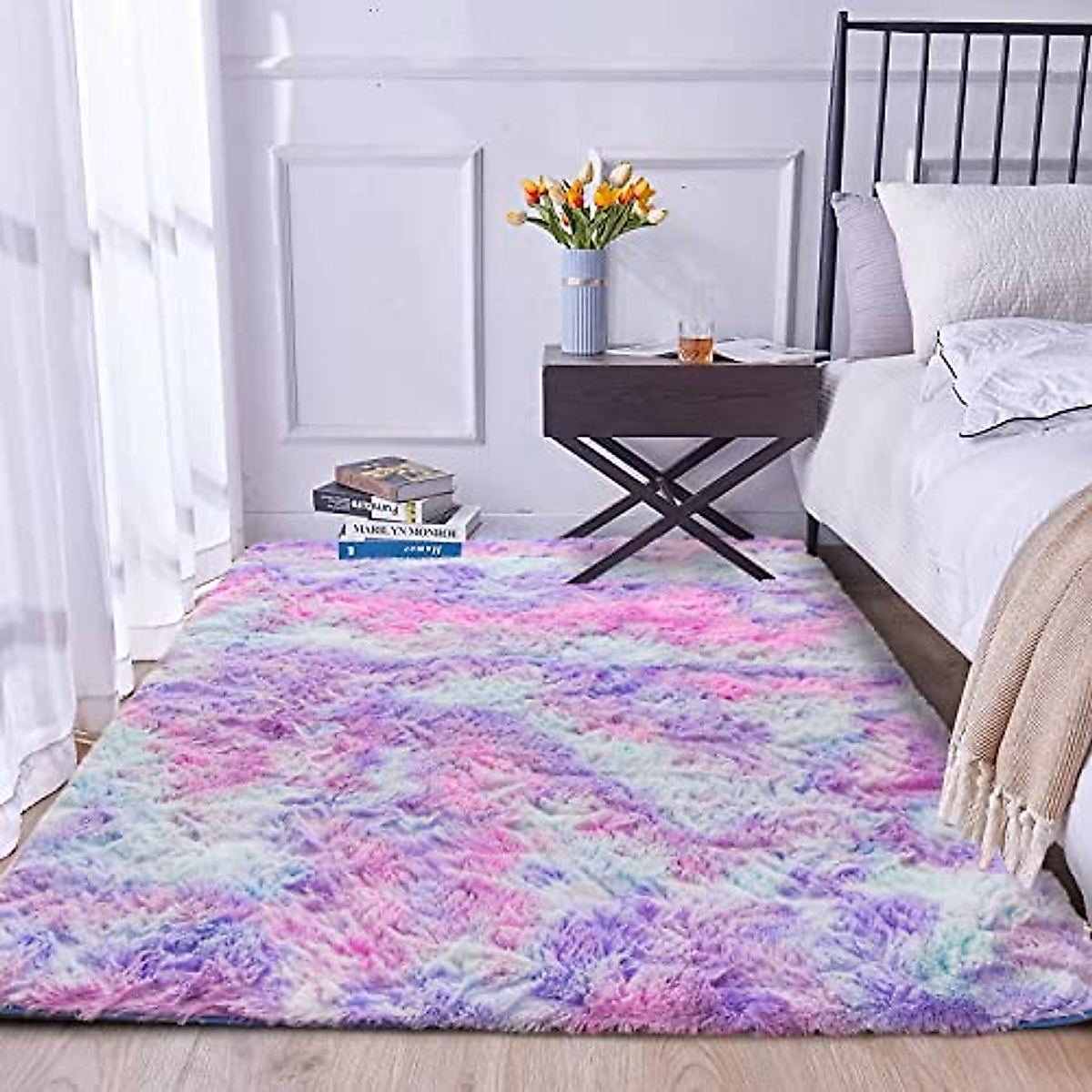 A Nice Night Shaggy Fluffy Faux Fur Area Rug,Soft, Luxurious Shag Carpet Rugs for Nursery Rug, Bedroom, Living Room, Luxury Bed Side Plush Carpets, Rectangle (Blue Purple, 5' x 7')