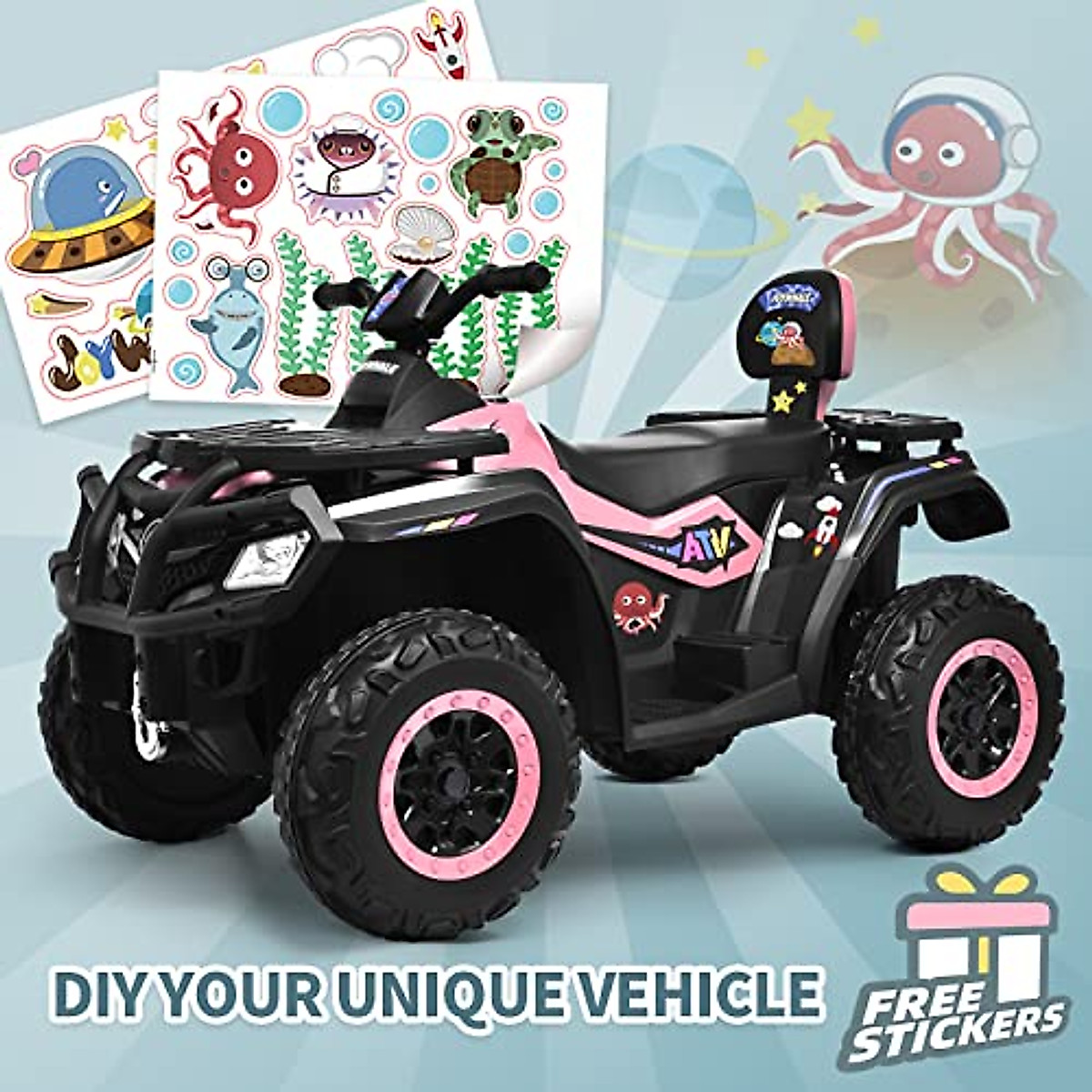Joywhale 12V 2 Seater Kids Ride on ATV Car Battery Powered Electric Quad for Kids Ages 3-8, with DIY Sticker, 7AH Battery, Metal Suspension, Bright Headlights, Music, FM, Rear Pedal & Backrest, Pink