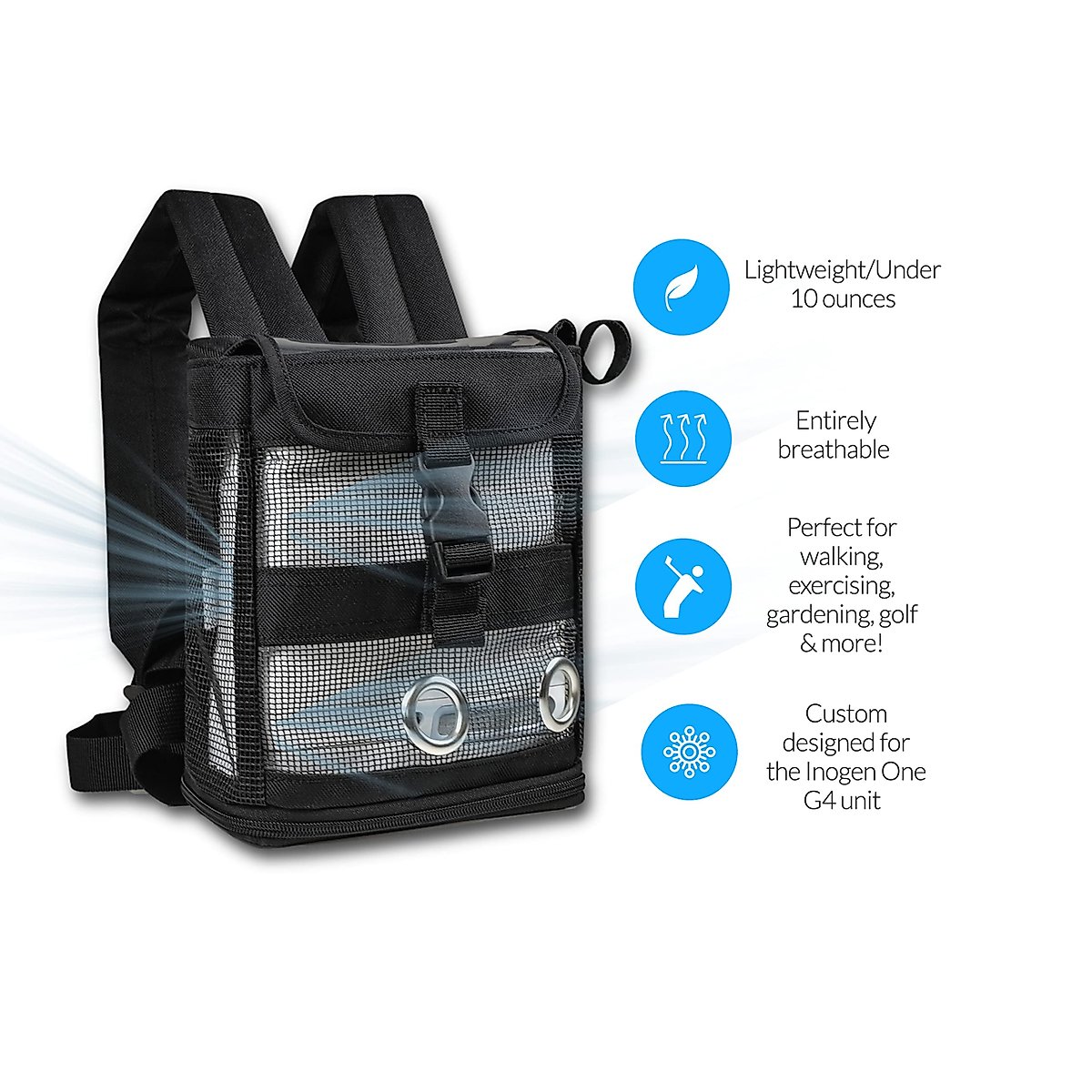 O2TOTES USA Backpack Custom Fit For Inogen One G4, Inogen Rove 4, OxyGo Fit; Ultra Lightweight, Mesh Panels, Zippered Bottom