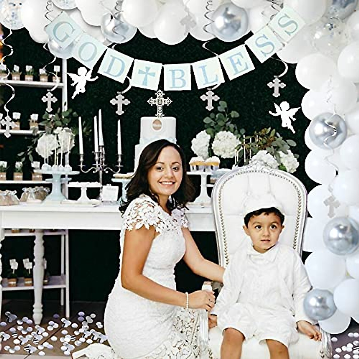 Elkanah Baptism Decorations for Boys Girls First Communion Decorations Bautizo Primera Comunion Decoracion Christening Decor Party Supplies Cake Topper Banner Balloons