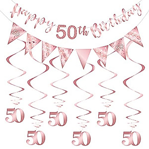 Rose Gold 50th Birthday Decoration for Girls, Happy 50th Birthday Banner Bunting Swirls, Triangle Flag Banner for 50 Birthday Party Decorations Supplies